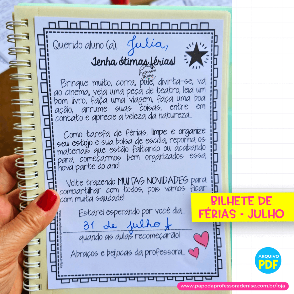 Bilhete Férias Julho - Professora Denise - Papo da Professora Denise